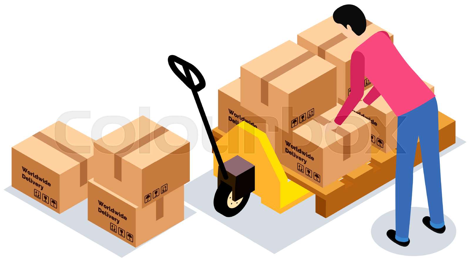 Worldwide sales concept. Worker loading boxes on carrier. Man holding ...