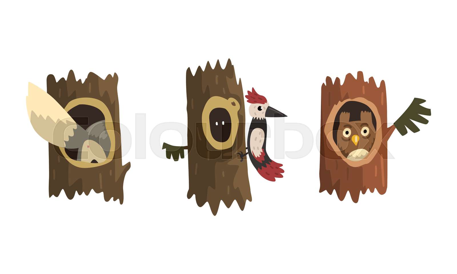 Cute Animals and Birds Living in Tree Hollows Set, Owl, Woodpecker ...
