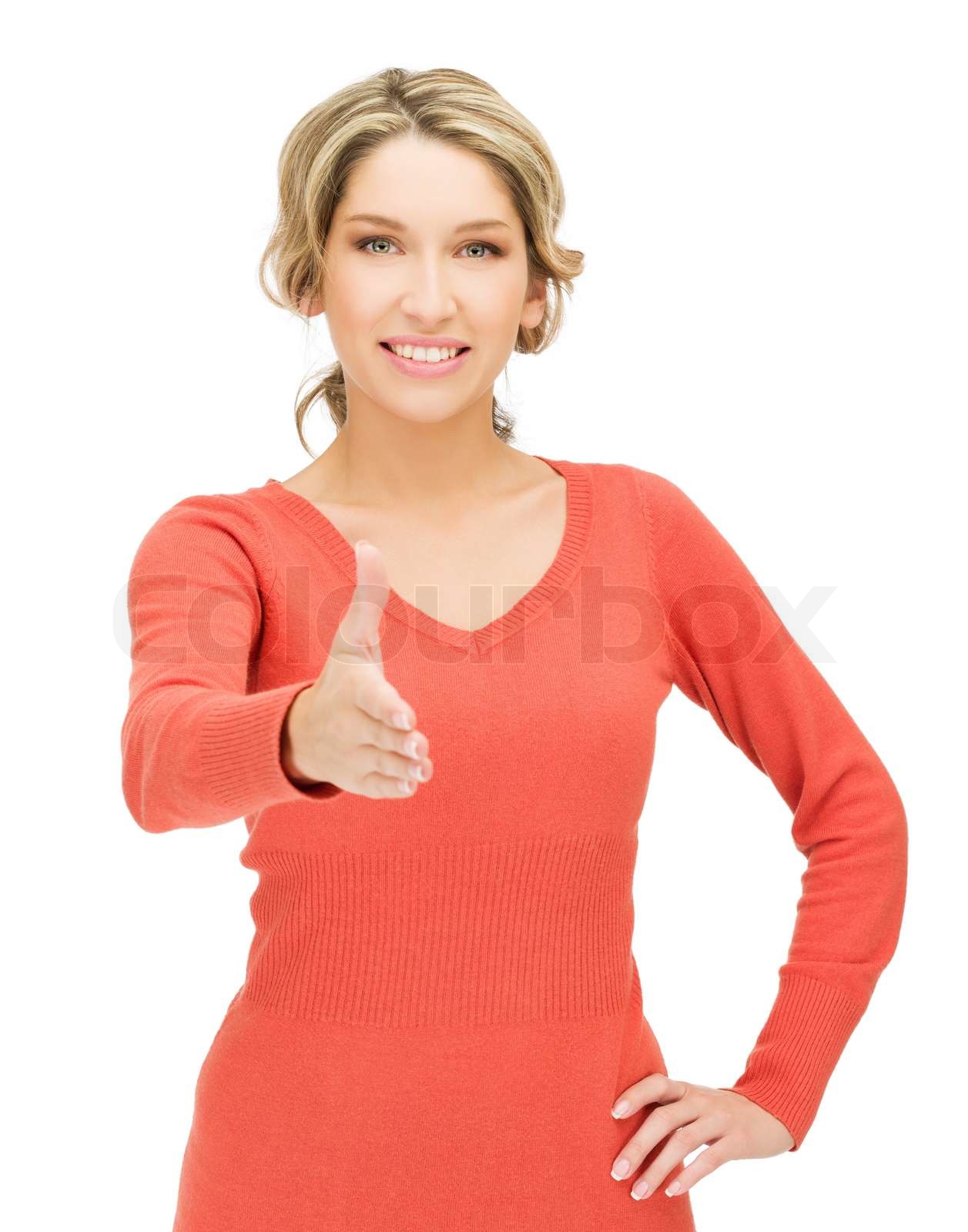 Frau mit einer geöffneten Hand bereit für handshake | Stock Bild ...