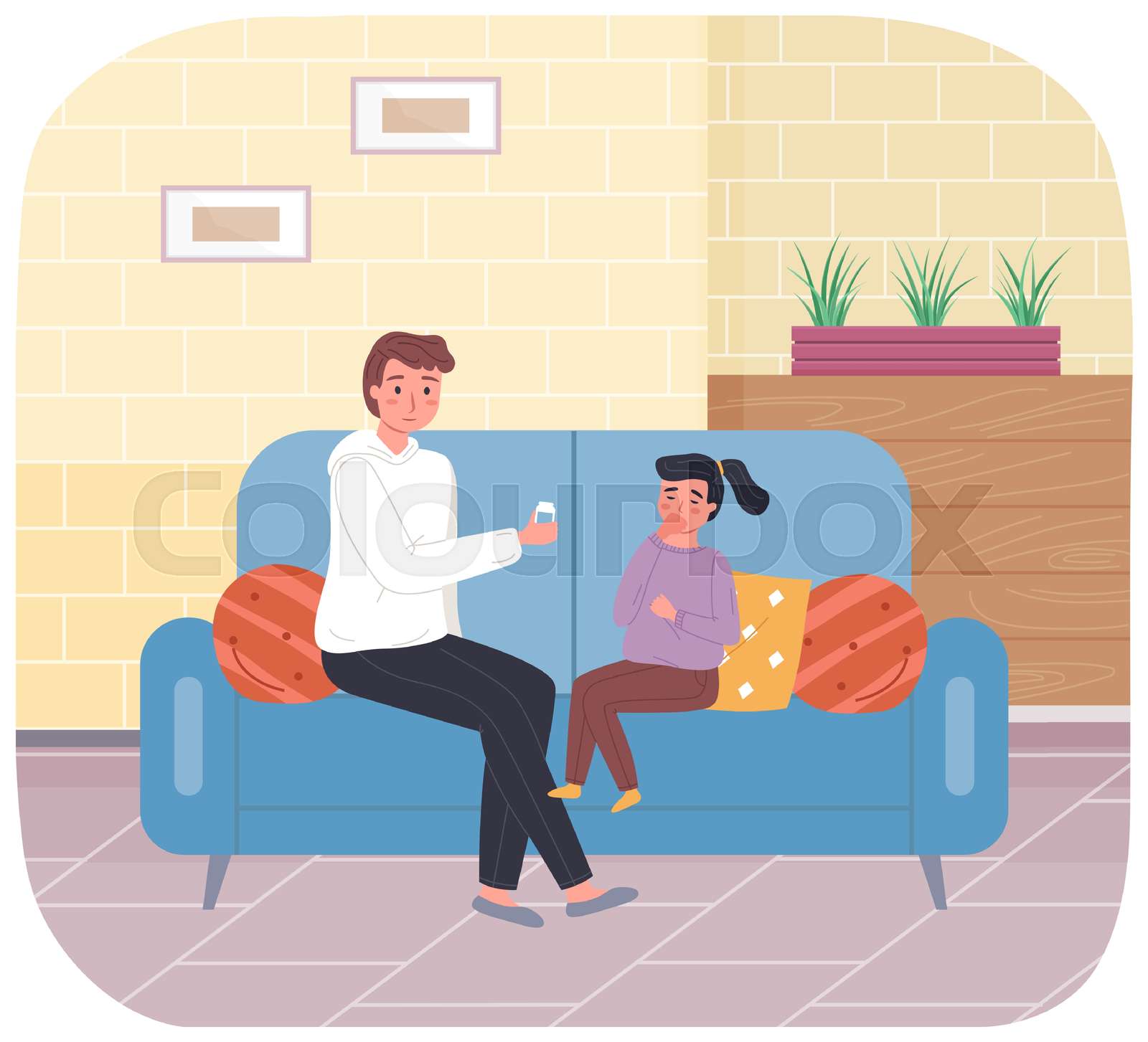 Dad gives pills to patient. Father is treating daughter. Sick girl is ...