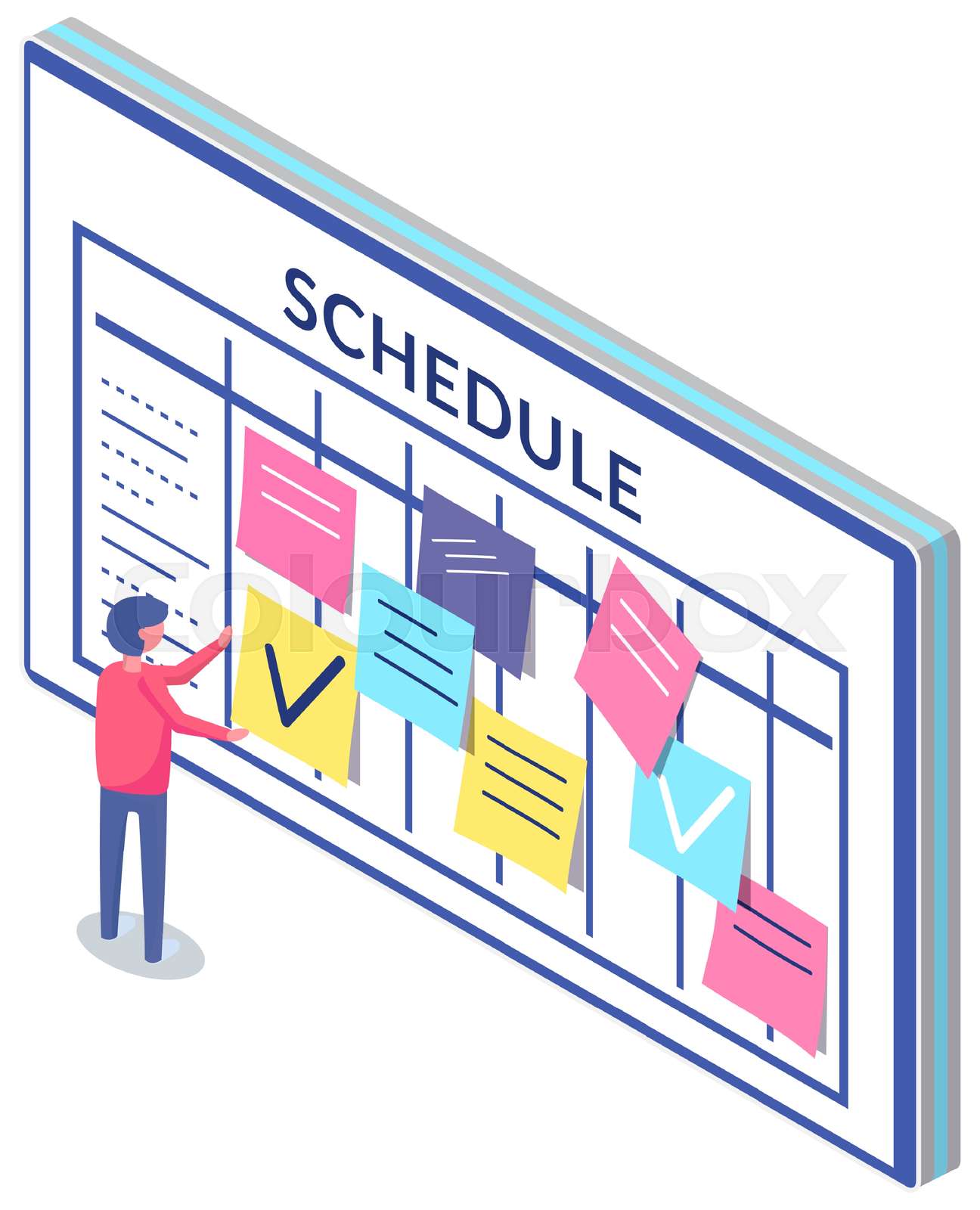 Business planning and scheduling concept. Employee sticks papers with ...