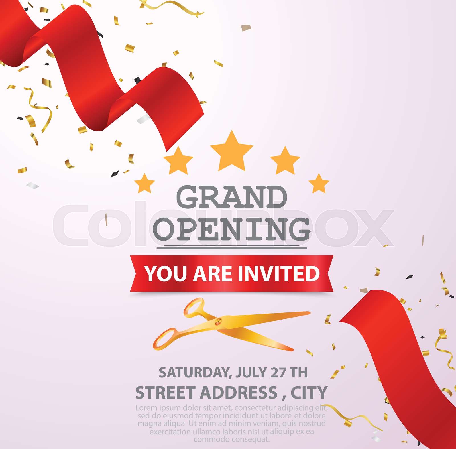 Grand opening card design with gold and red ribbon with confetti ...