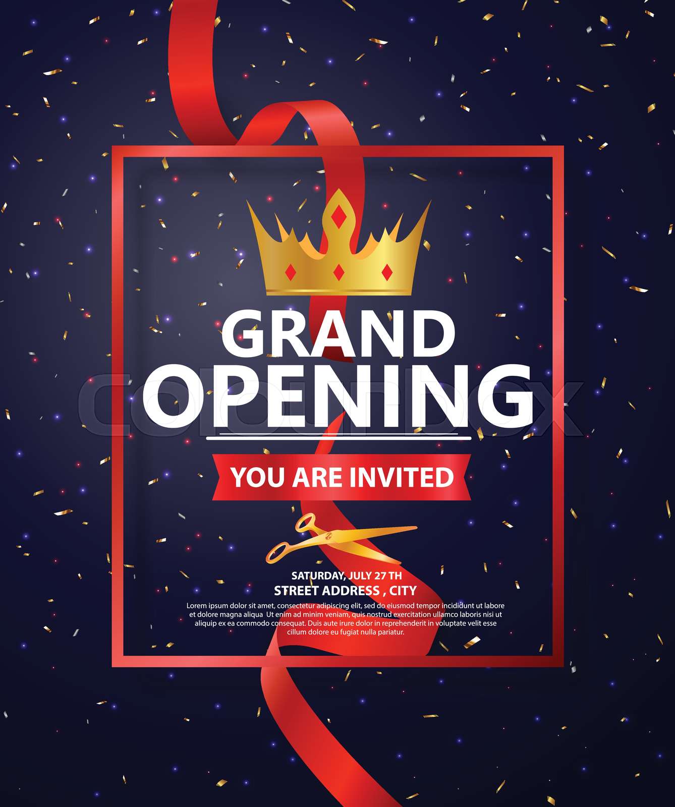 Grand opening card design with gold and red ribbon with confetti ...