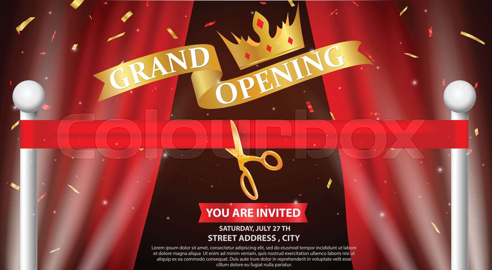 Grand opening card design with gold and red ribbon with confetti ...