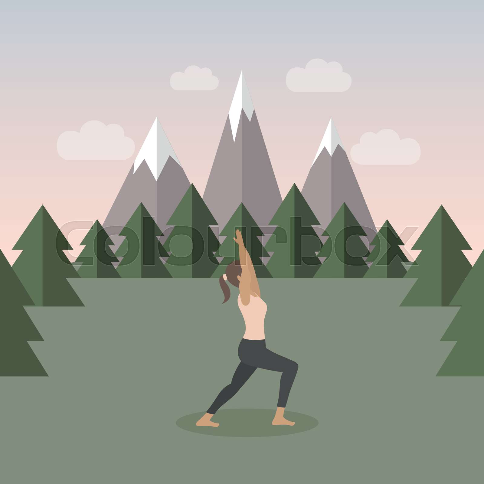 girl makes yoga on green mountain landscape | Stock vector | Colourbox