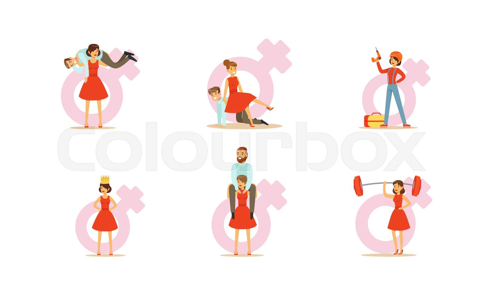 Strong Woman and Weak Man Set, Beautiful Woman Character In Red Dress ...