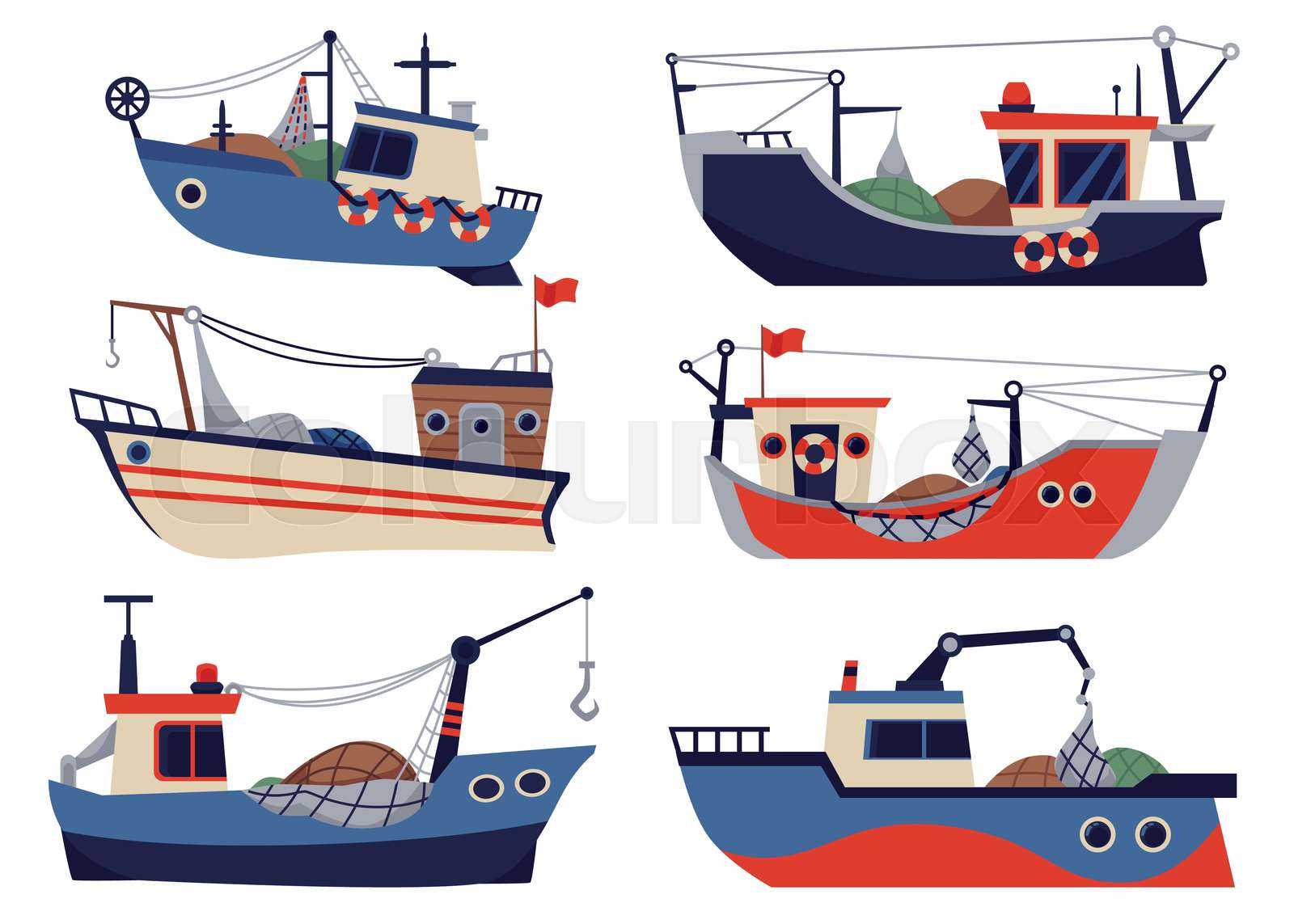 Vector set of fishing ships, boats and vessels for fishery at sea or ...