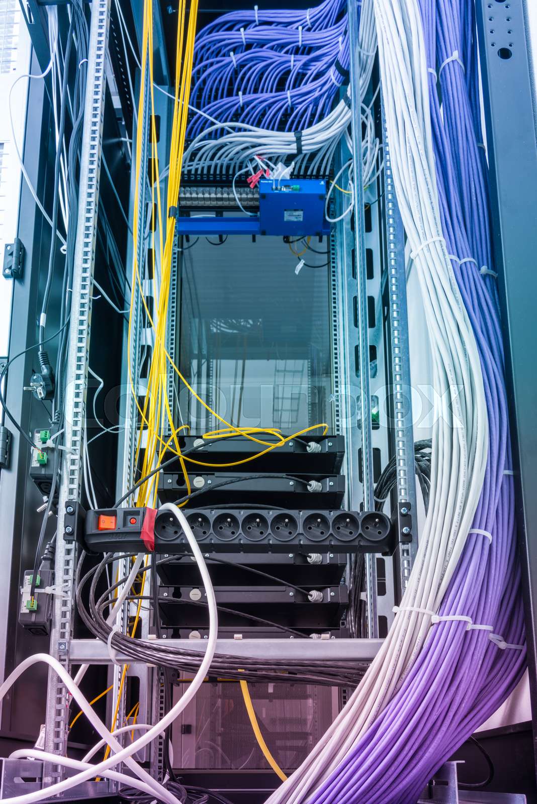 large group of UTP cables, Ethernet cables in rack cabinet, lead ...