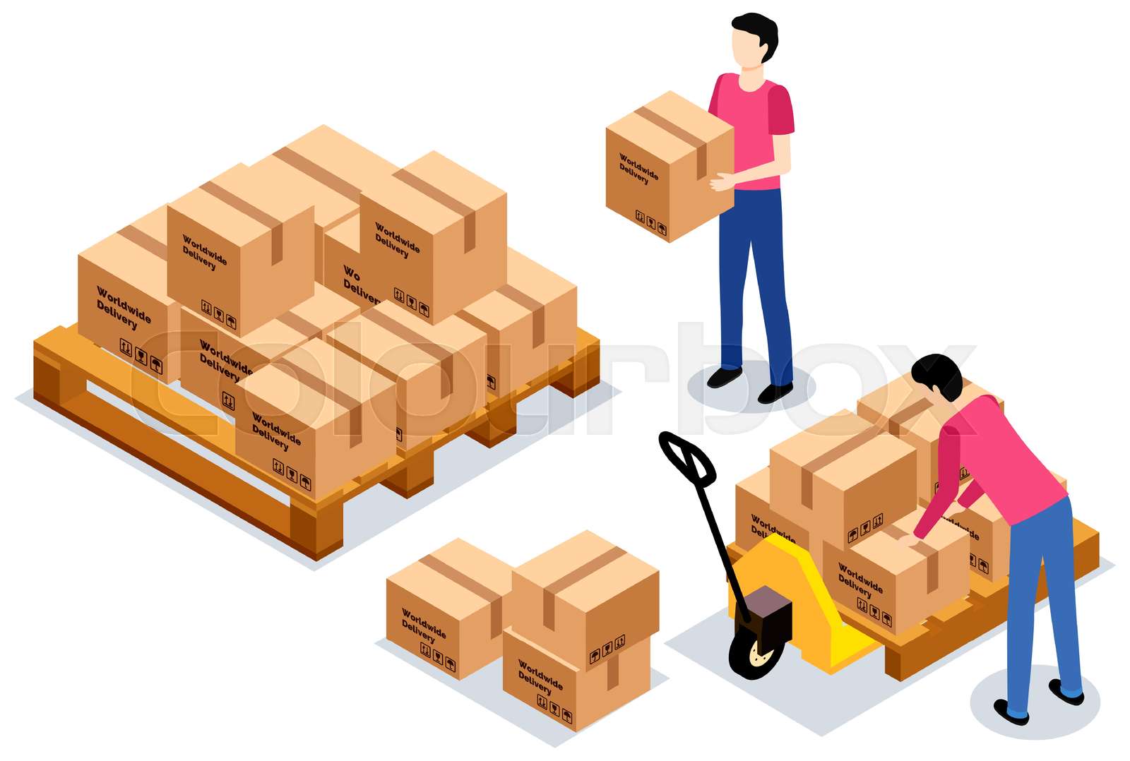 Worldwide sales concept. Worker loading boxes on carrier. Man holding ...