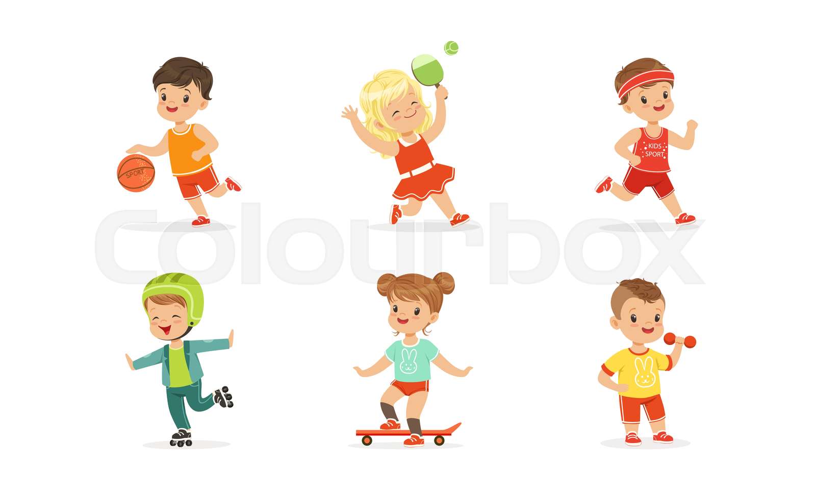 Cute Little Kids Doing Sports Set, Little Boys and Girls Exercising ...