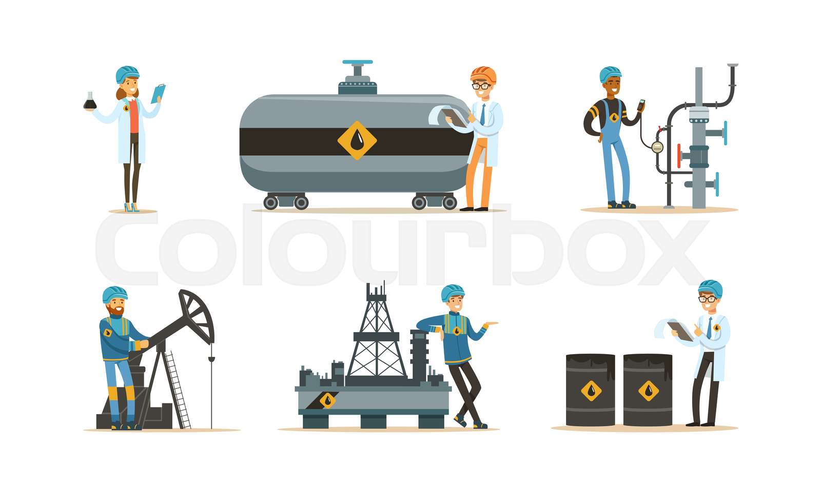 Set of Engineers and Workers Working in Oil Industry, Oilmen in Uniform ...