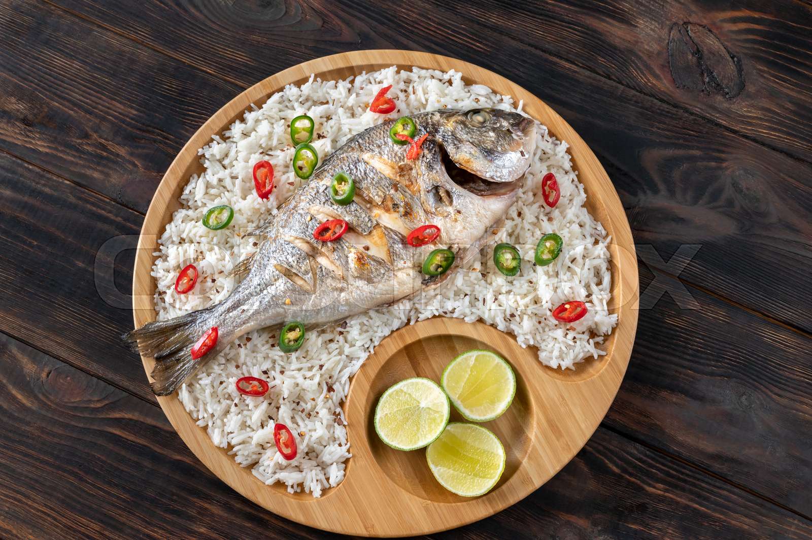 Grilled fish with rice | Stock image | Colourbox