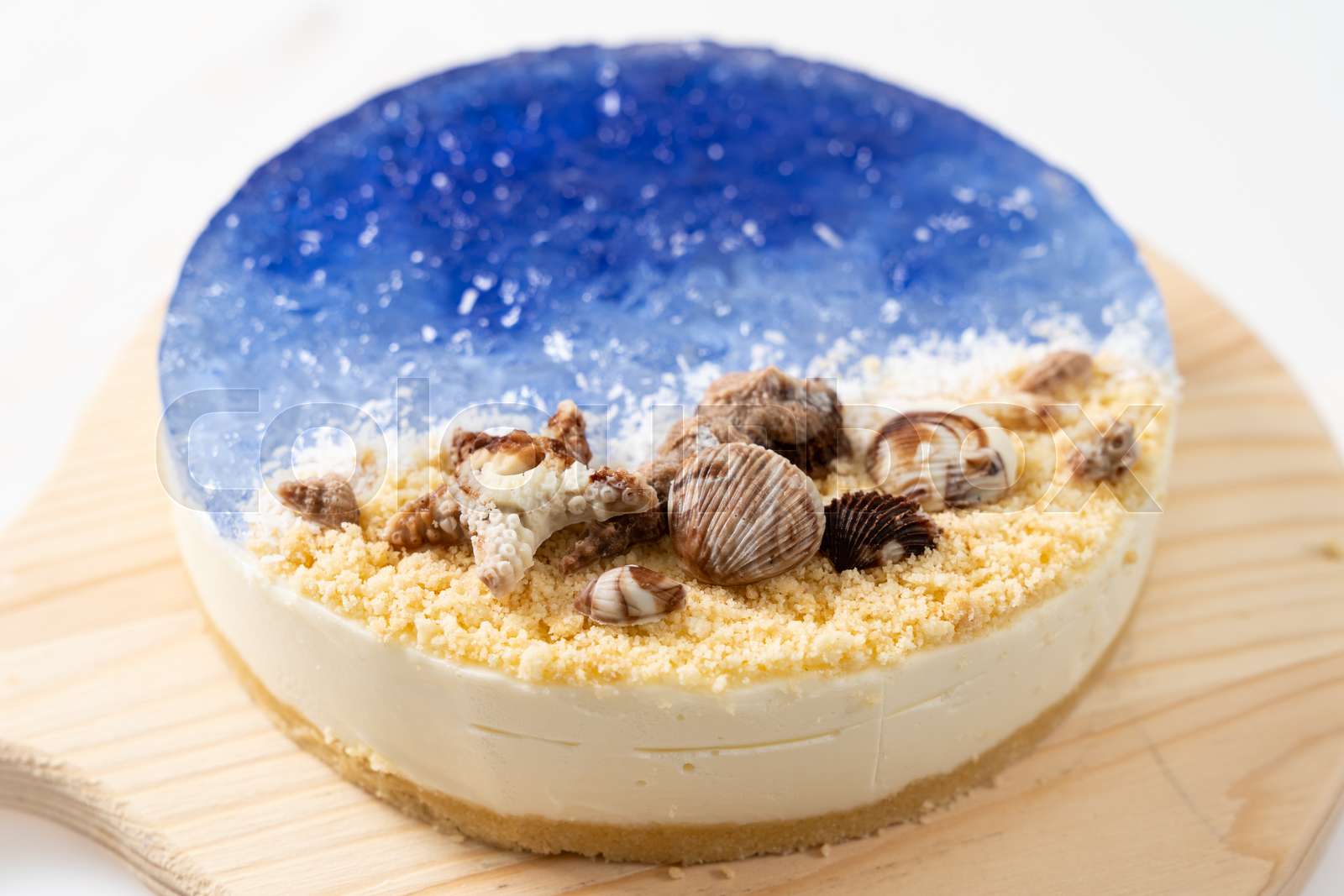 No baked ocean blue cheese cake with chocolate seashells decoration ...