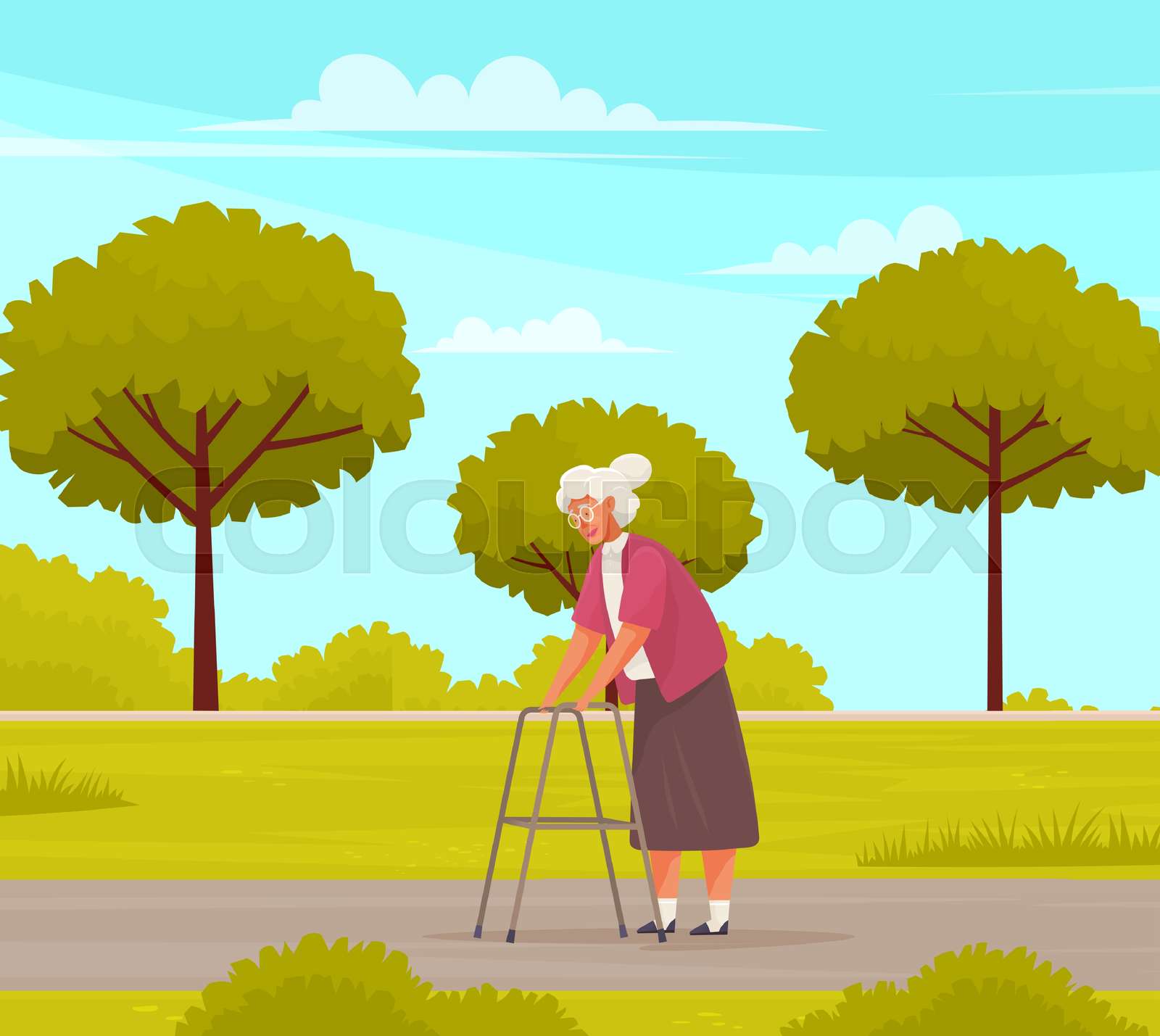 Granny with glasses walks with adult walker in park. Grandmother spends ...