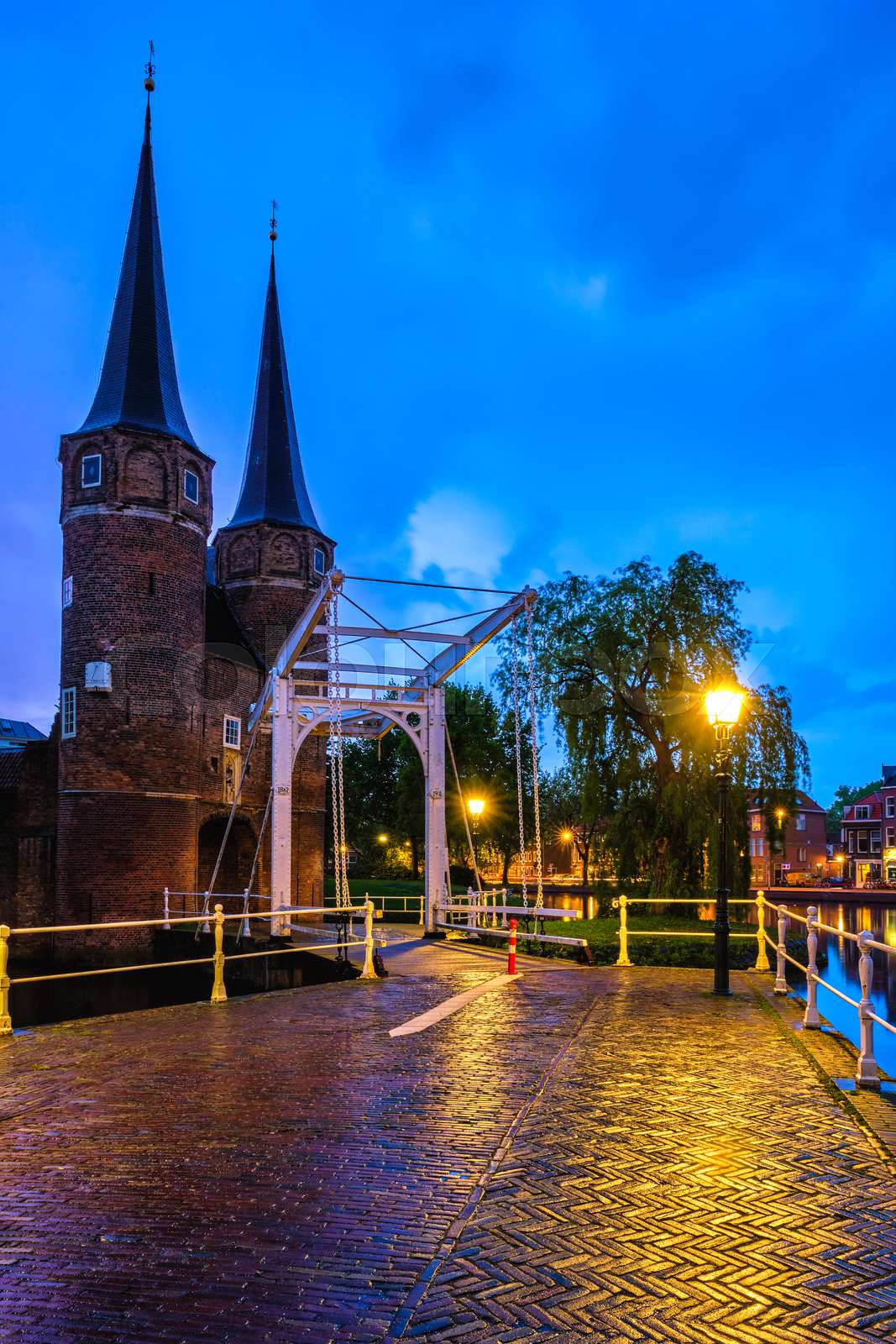 Oostport Eastern Gate of Delft at night. Delft, Netherlands | Stock ...