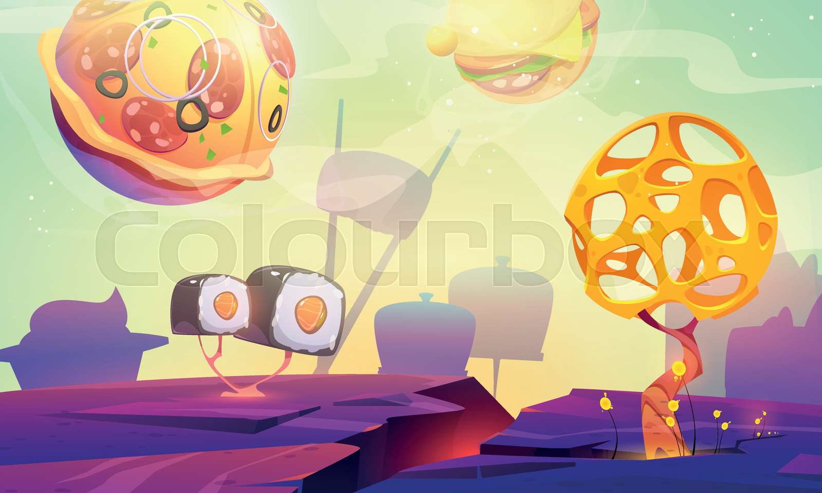 Fast food planet cartoon poster with pizza | Stock vector | Colourbox