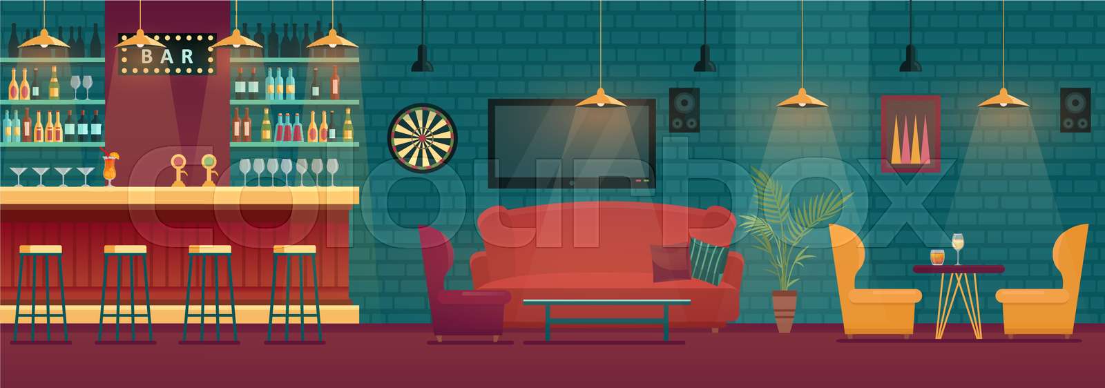 Bar pub interior vector illustration. Empty modern bar counter with ...