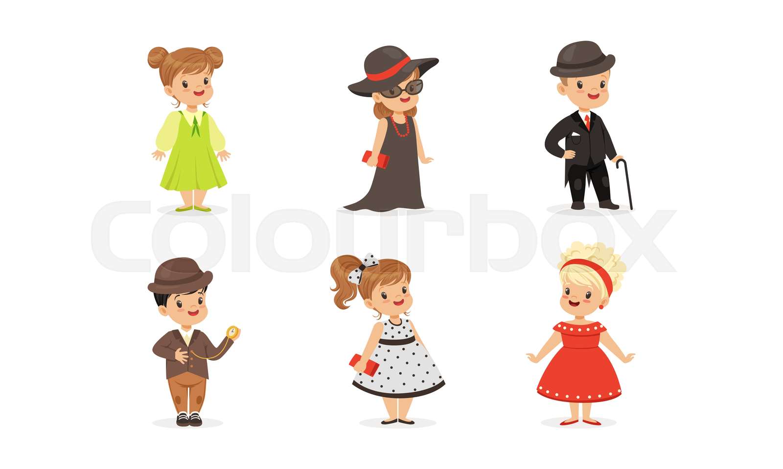 Little Children Wearing Elegant Attire and Outfit Vector Set | Stock ...