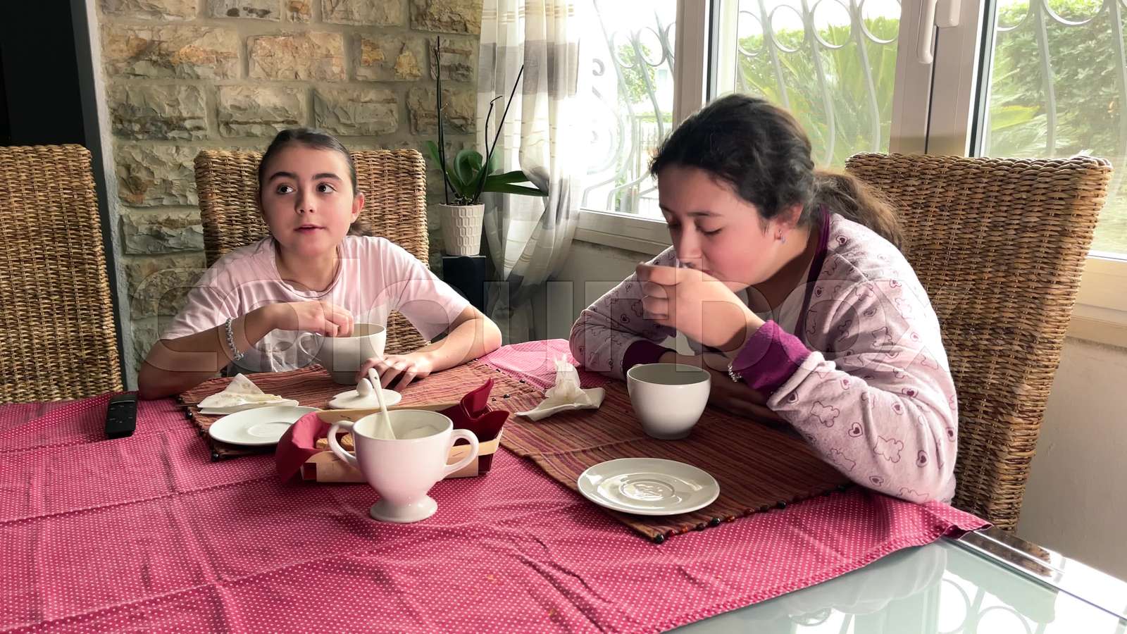 Two young girls at home making breakfast indoor | Stock video | Colourbox