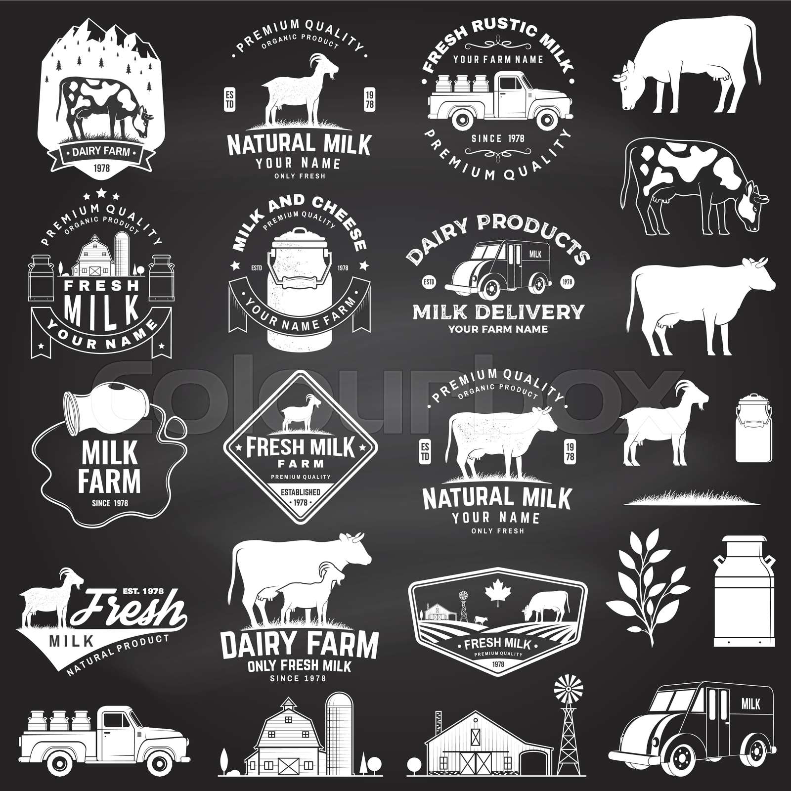 Dairy farm. Only fresh milk badge, logo on the chalkboard. Vector ...
