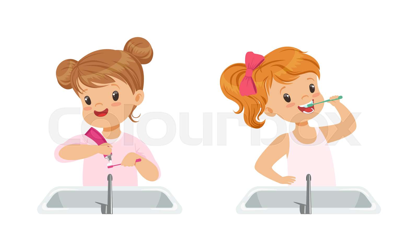 Cute Little Girls Brushing Teeth Set, Daily Routine Concept Cartoon ...