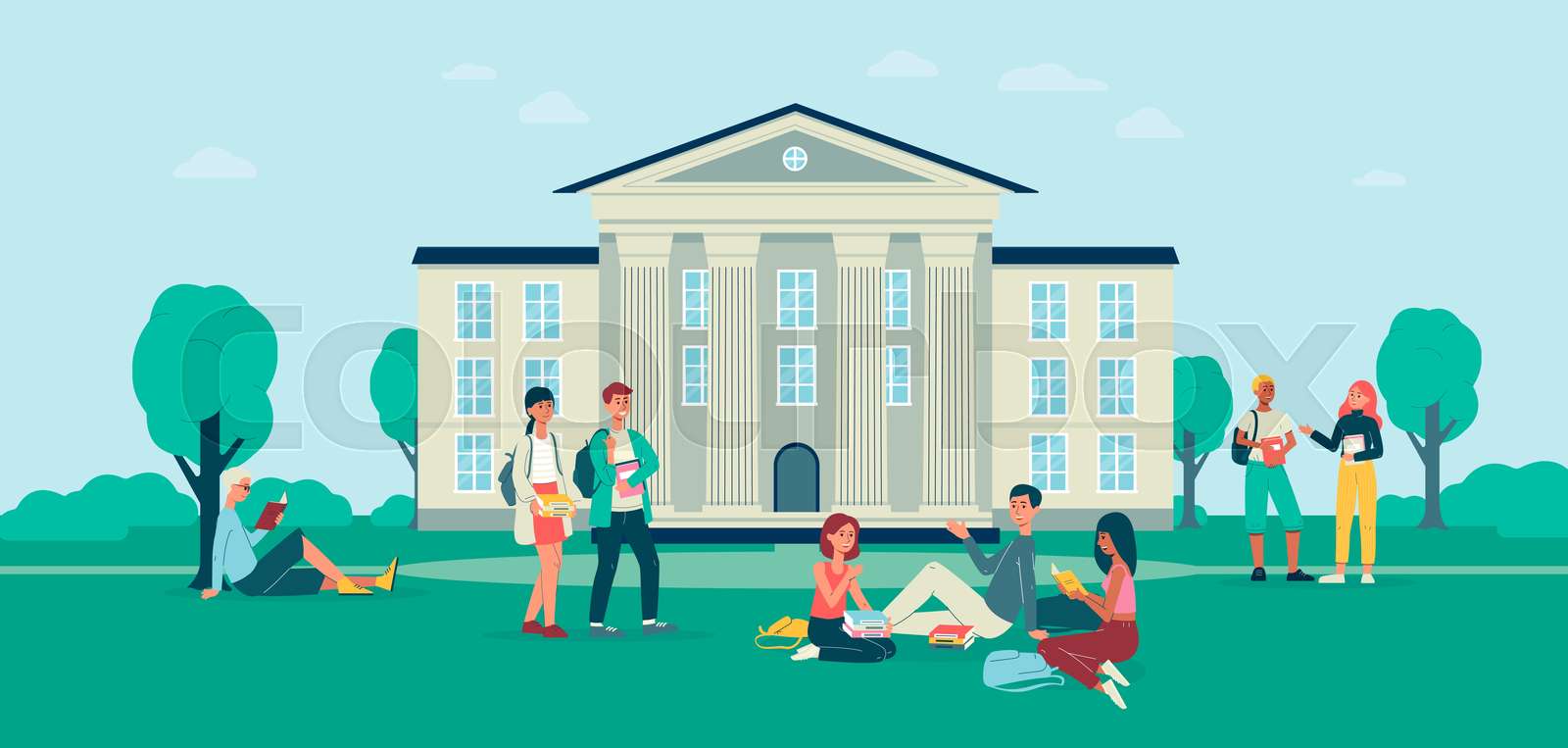 Background with students in front of college campus, flat vector ...