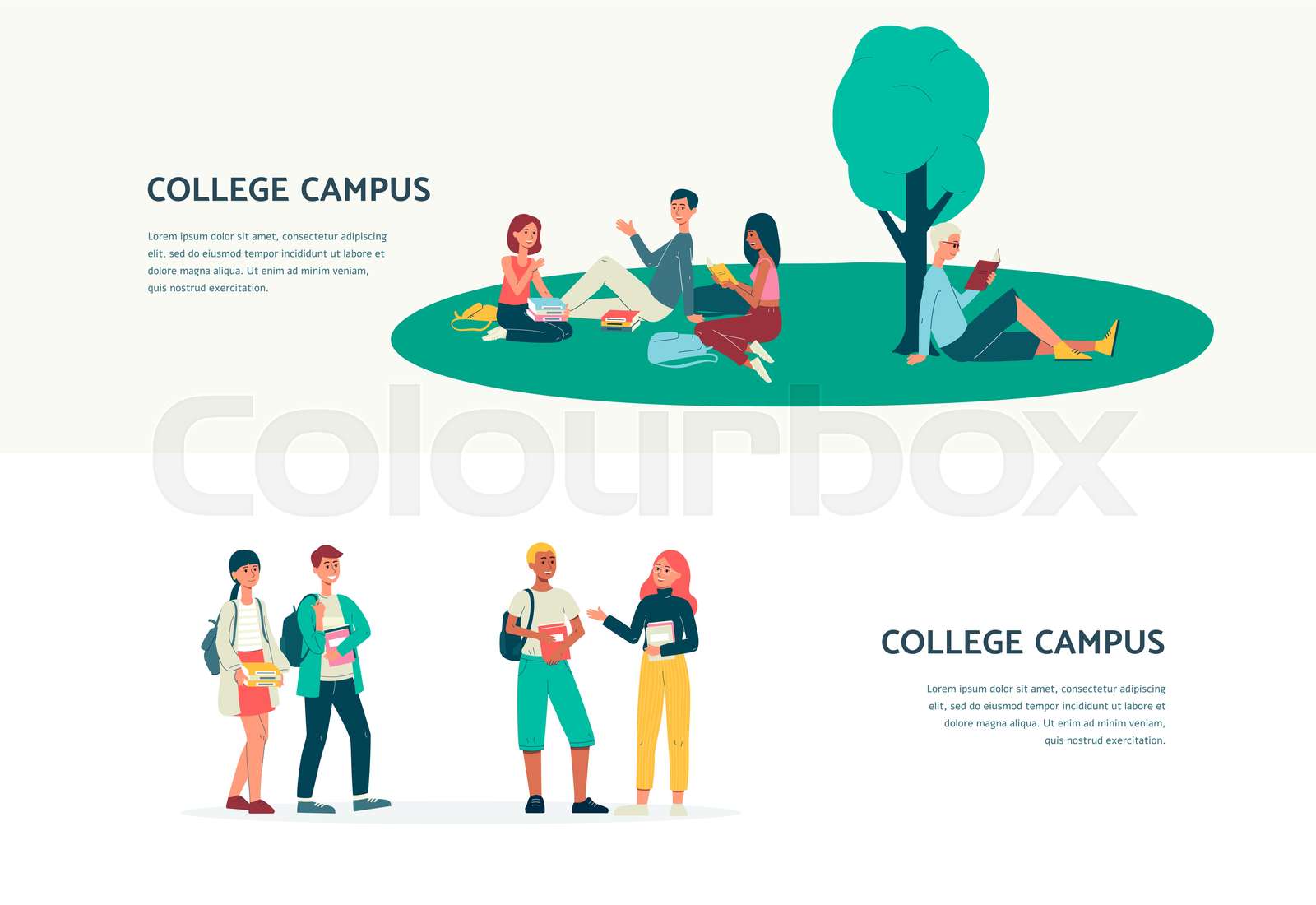 College campus flyers set with studying students flat vector ...