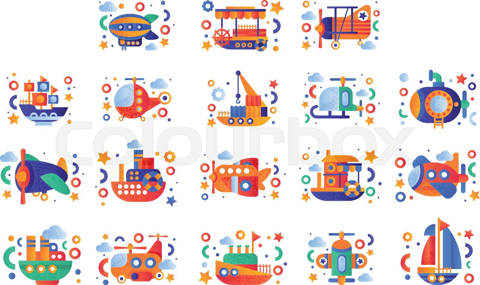 Big Set of Air and Water Transport Vehicles, Airplane, Airship ...