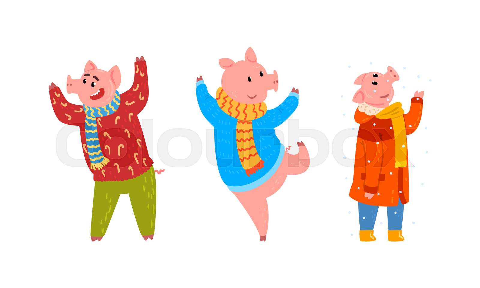 Set of Cute Funny Pig Characters Dressed Warm Bright Clothes Having Fun ...
