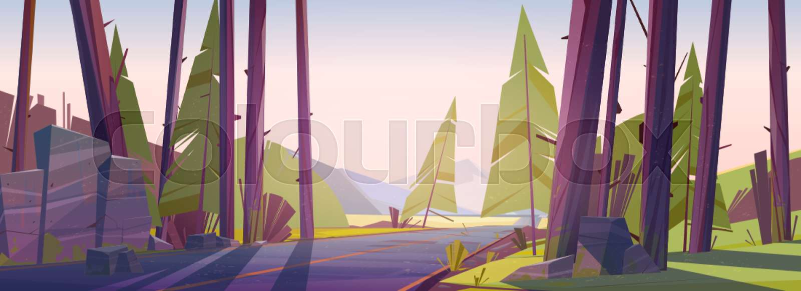 Forest landscape with road and mountain on horizon | Stock vector ...