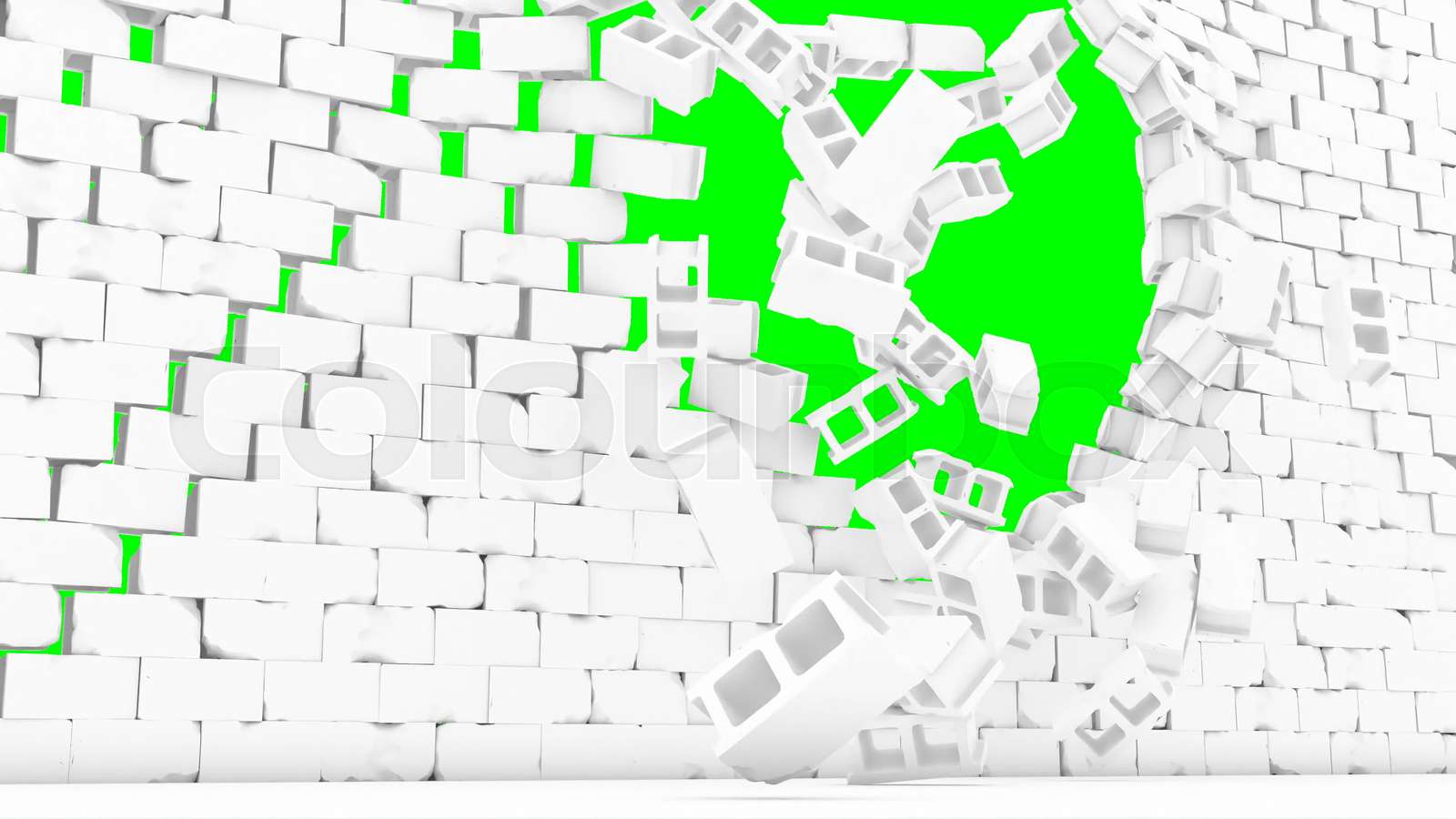 White brick Wall crack destroy on green screen building concept | Stock ...