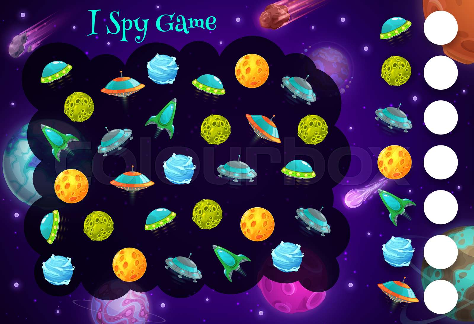 I spy kids game with cartoon space ships, planets | Stock vector ...