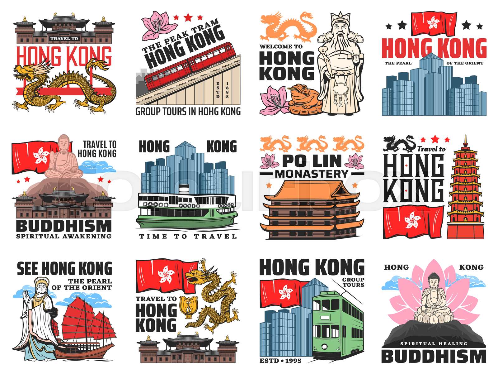 Hong Kong travel icons, landmarks | Stock vector | Colourbox