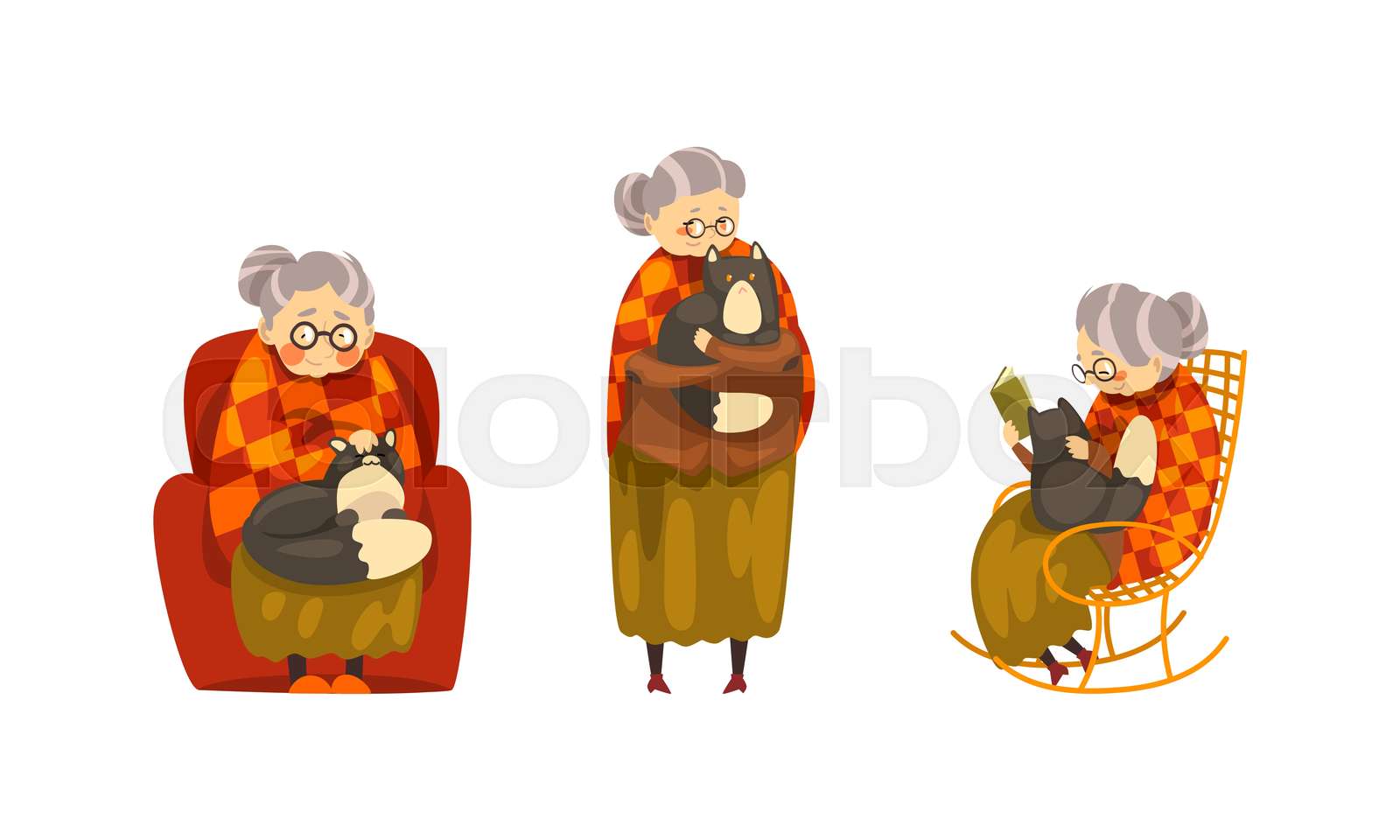 Lonely Old Happy Lady with Her Cat Set, Grandmother Stroking her Black ...