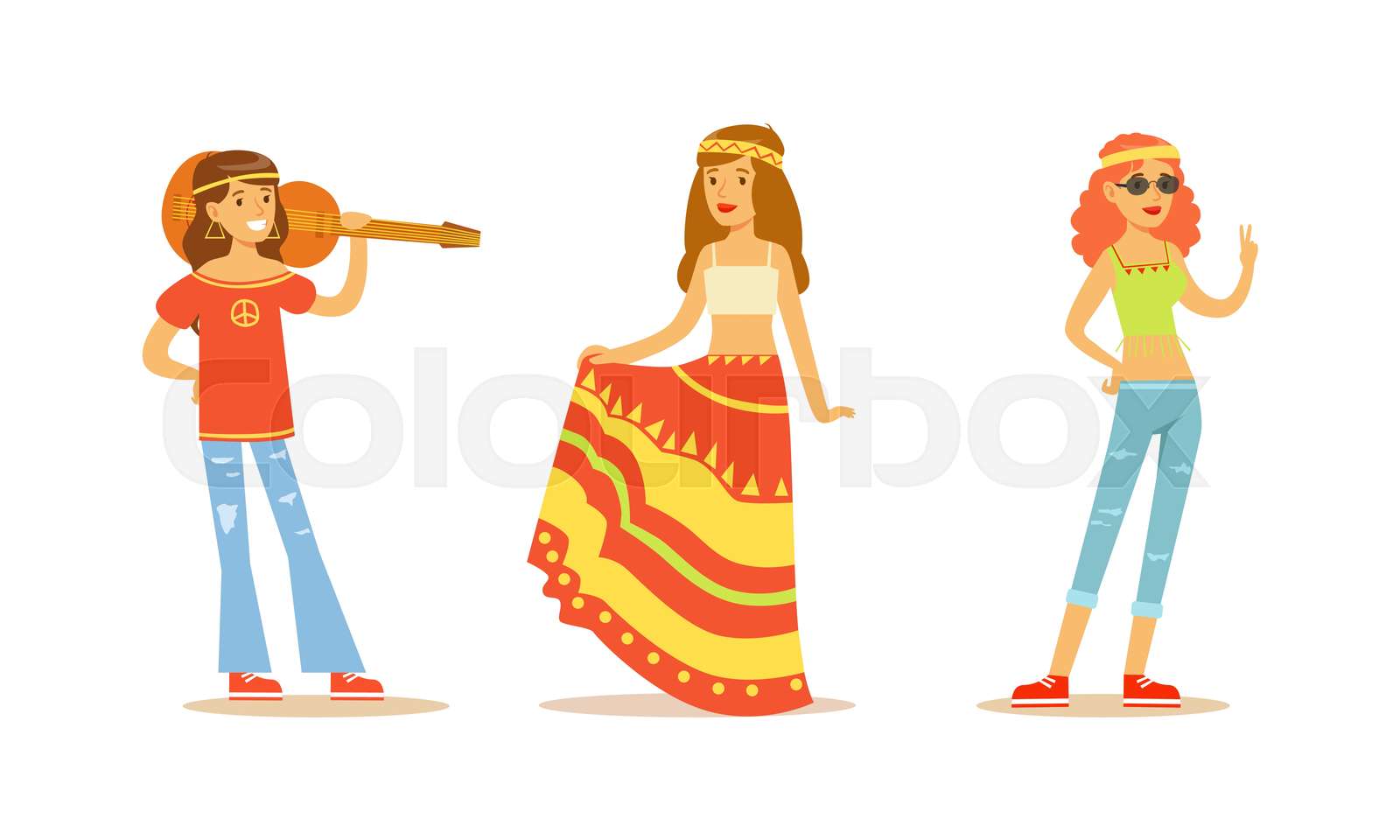 Beautiful Hippie Girls Set, Young Women Characters Wearing Hippy Retro ...