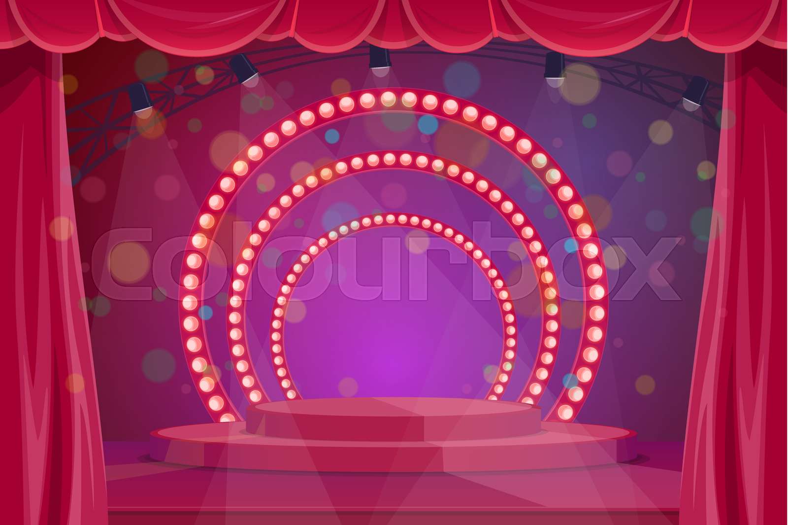 Cartoon stage with pedestal, curtain and spotlight | Stock vector ...