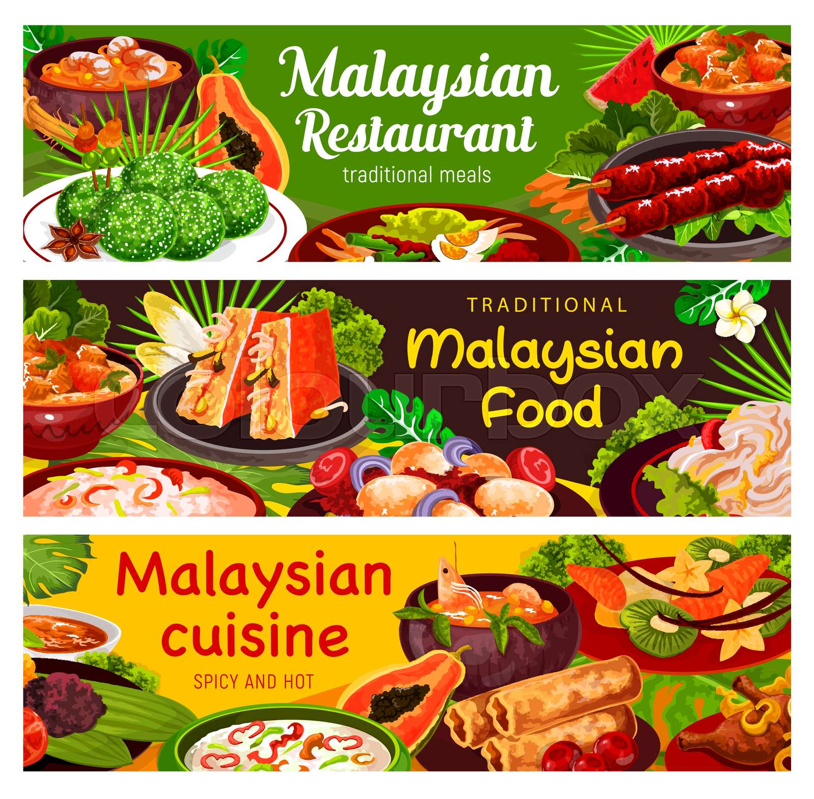 Malaysian cuisine food banners, Asian meal dishes | Stock vector ...
