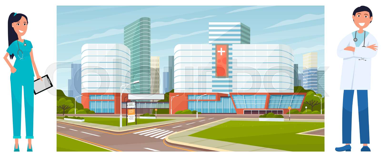 Modern hospital building, urban medical facility with ambulance ...