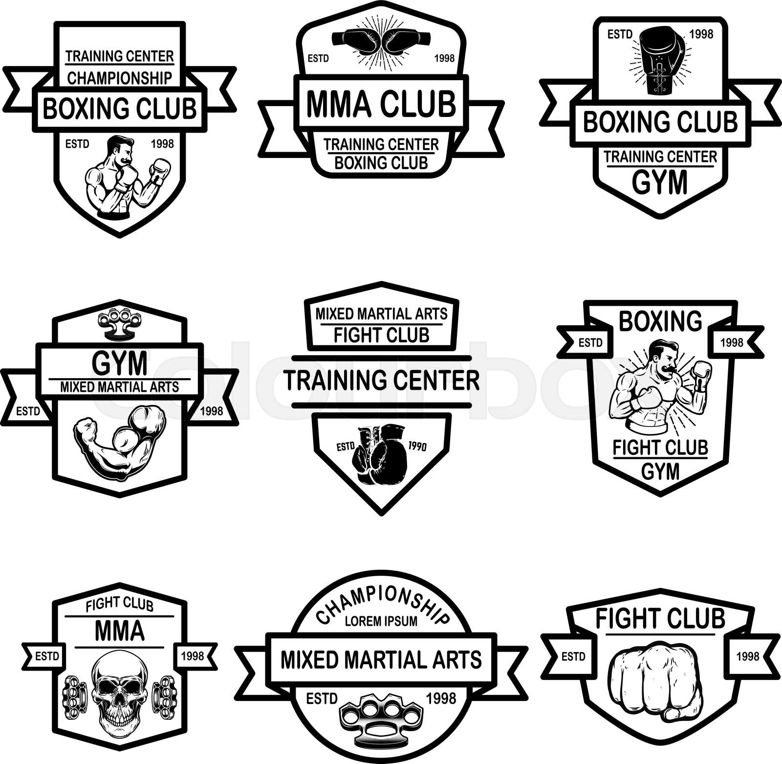 Set of mma and boxing club emblems. Design element for logo, label ...