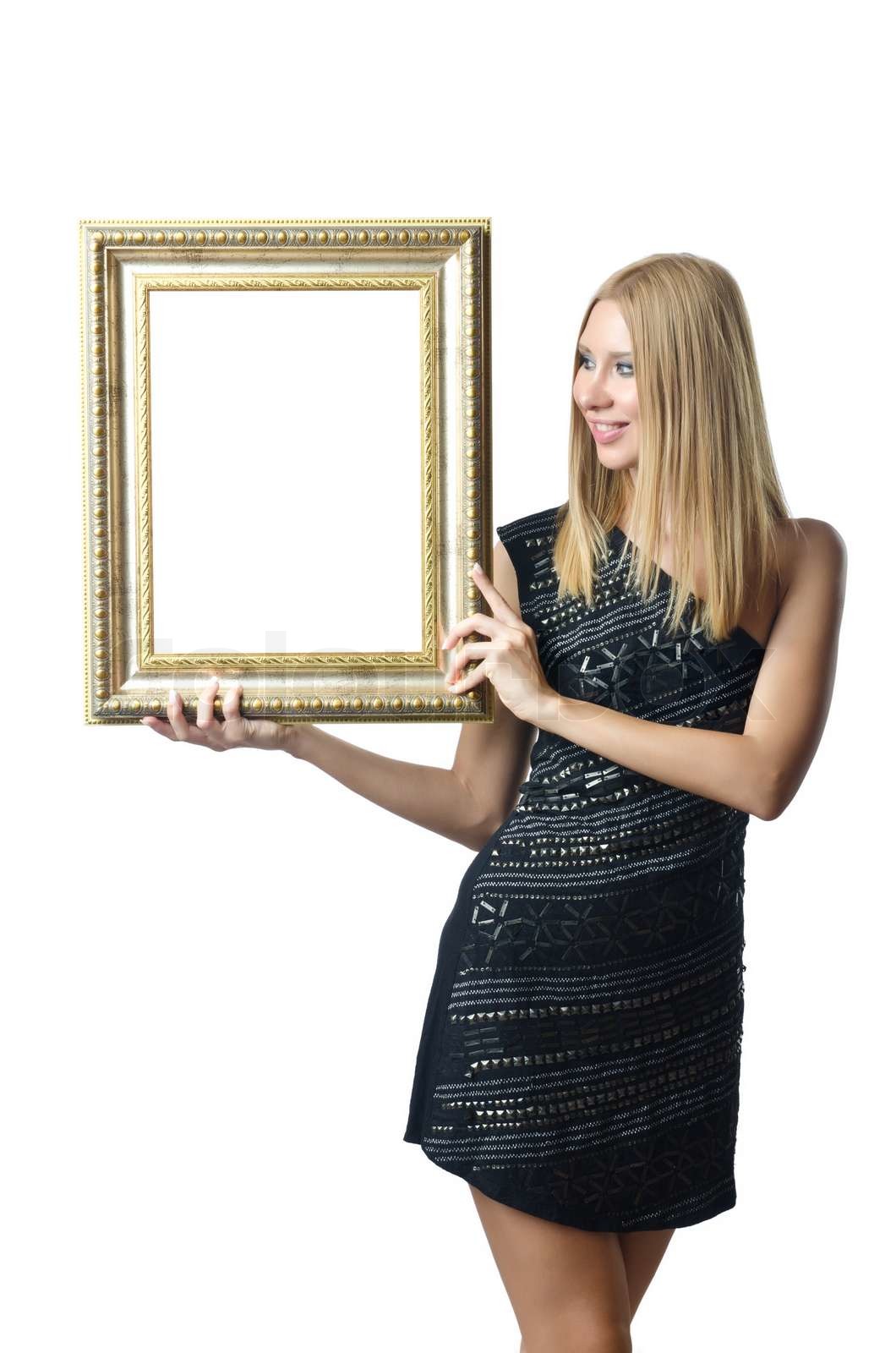 Woman holding picture frame on white | Stock image | Colourbox