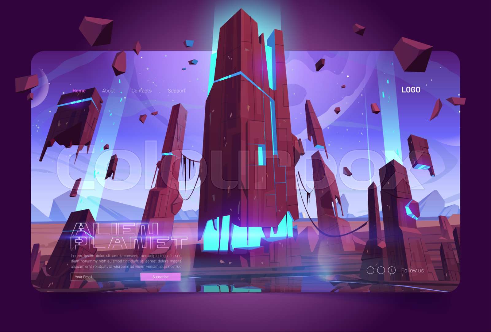 Alien planet banner with land surface and ruins | Stock vector | Colourbox