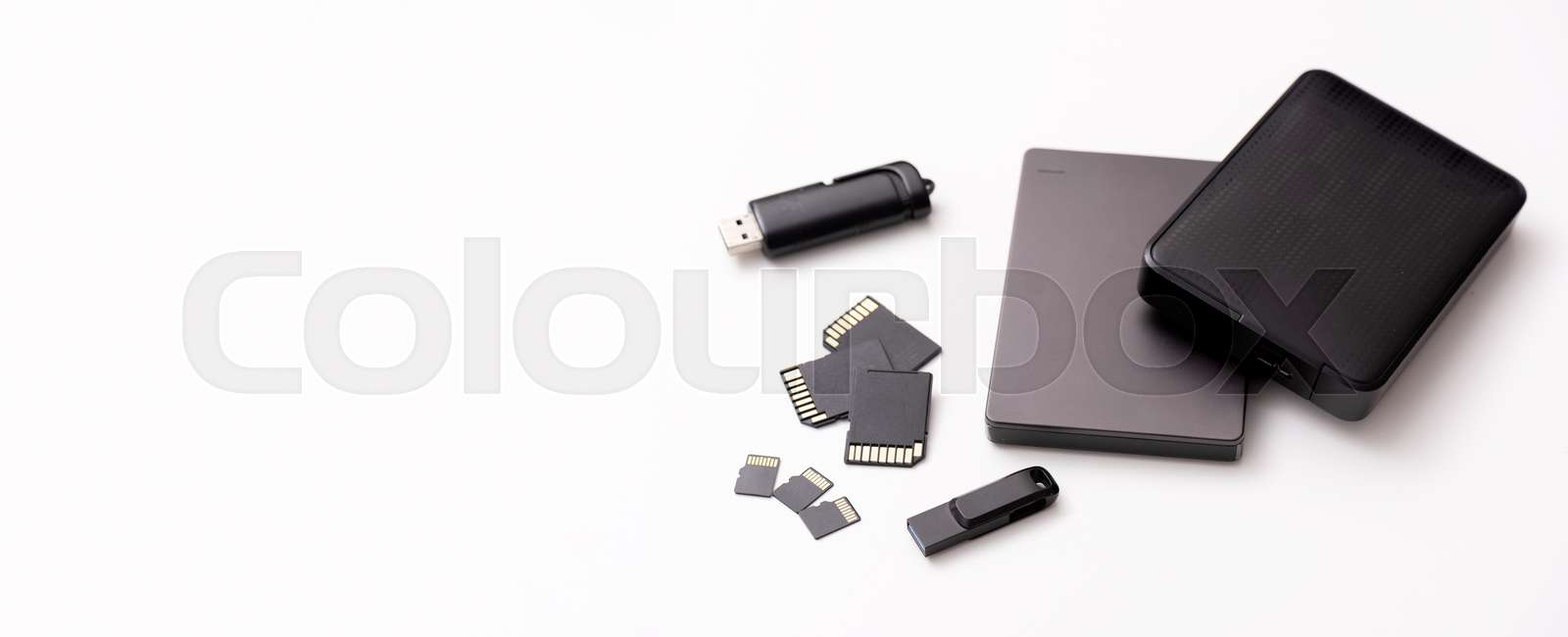 Storage devices, pendrive, memory cards, hard disk | Stock image ...