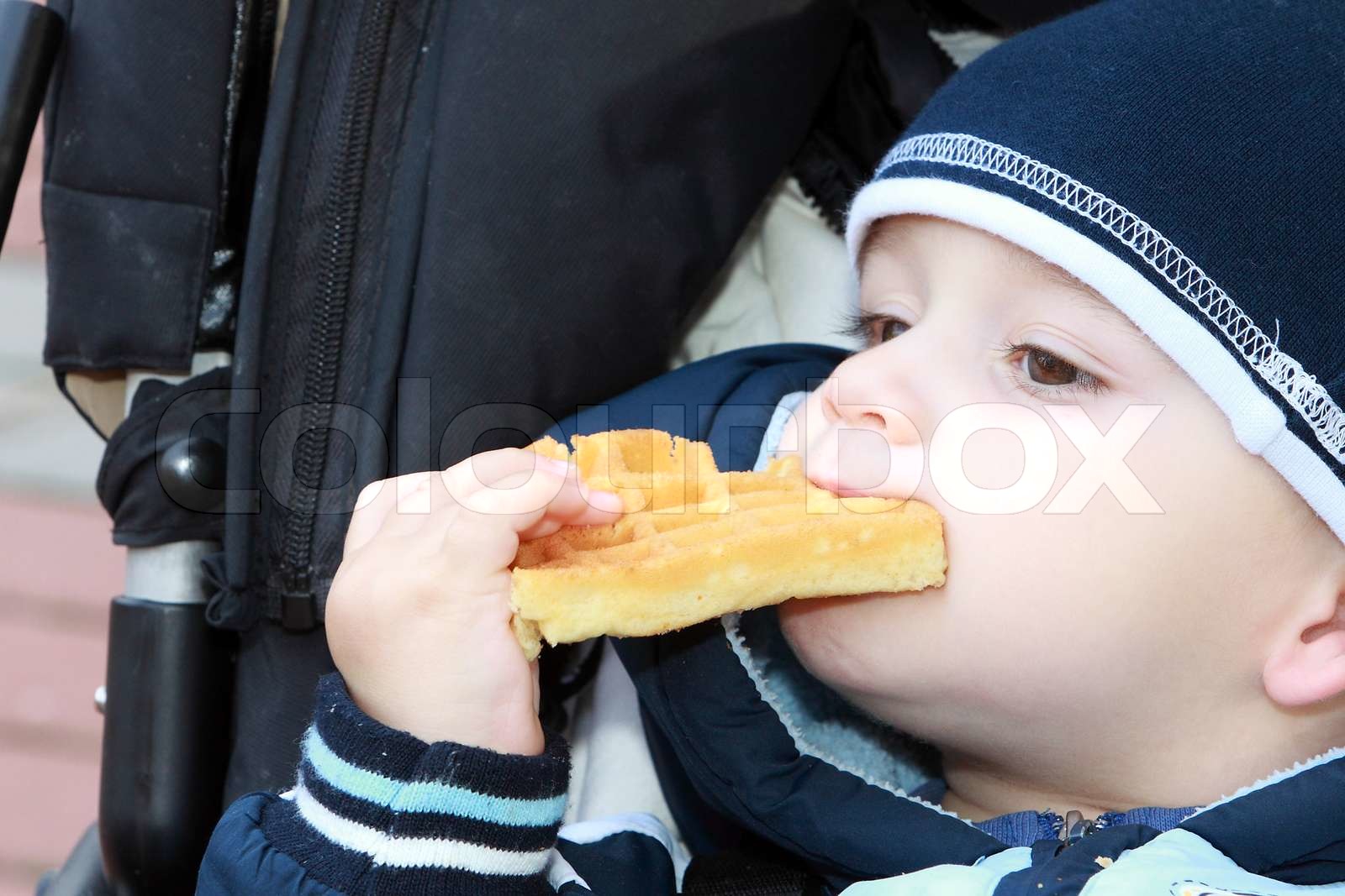 Baby boy eat waffle | Stock image | Colourbox