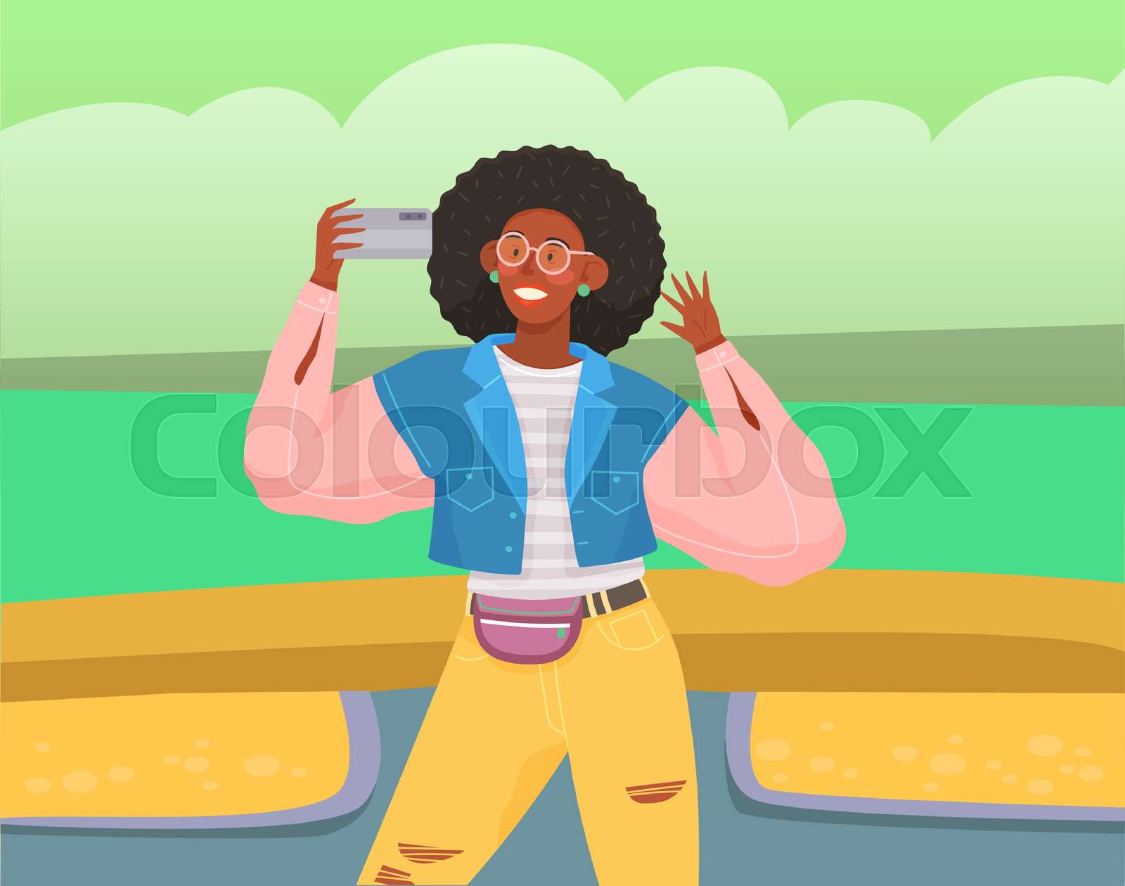 Young girl doing live streaming. Female character uses smartphone for ...