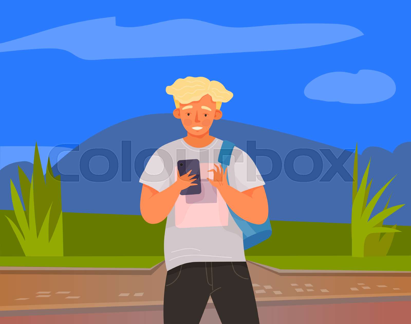 Schoolboy with smartphone is chatting. Male character using mobile ...