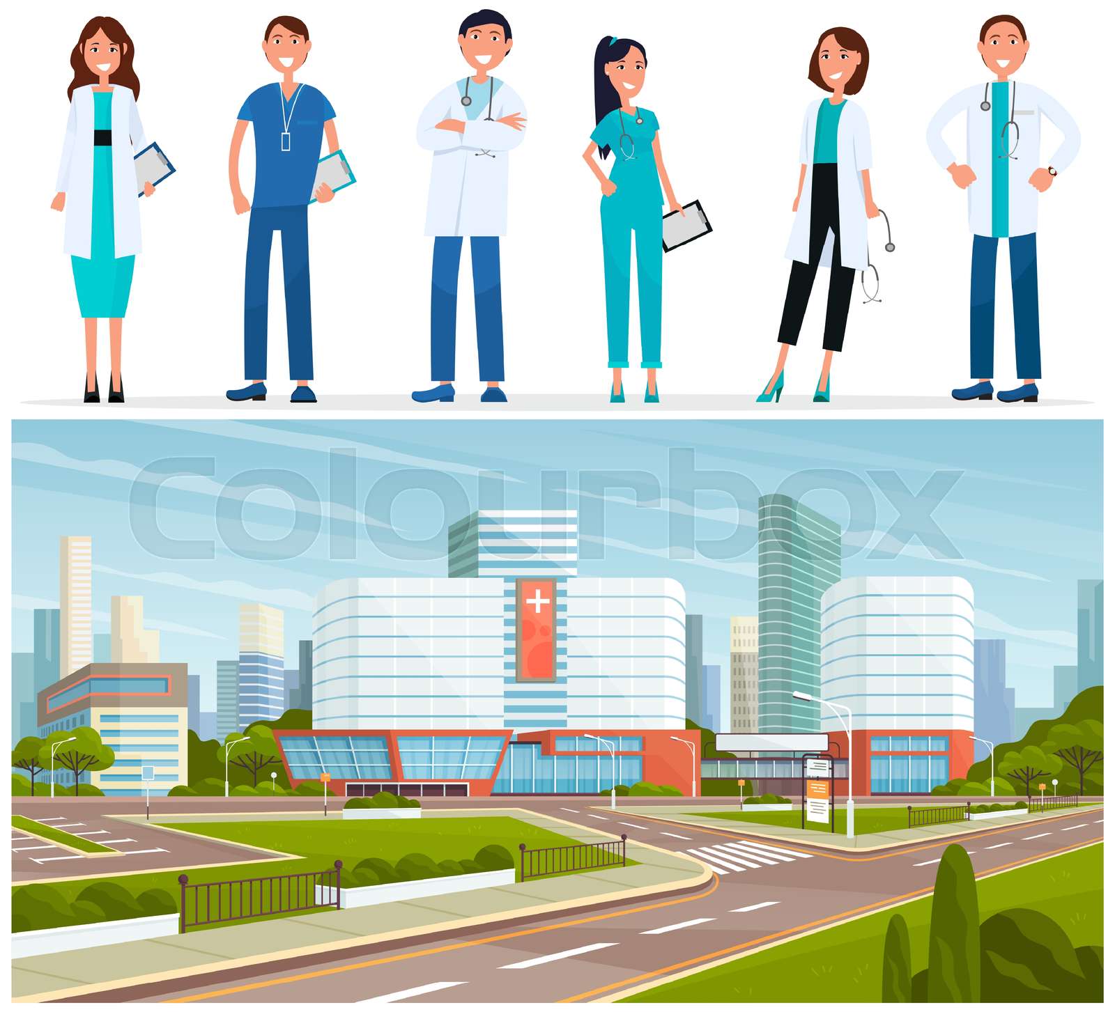 Modern hospital building, urban medical facility with ambulance ...