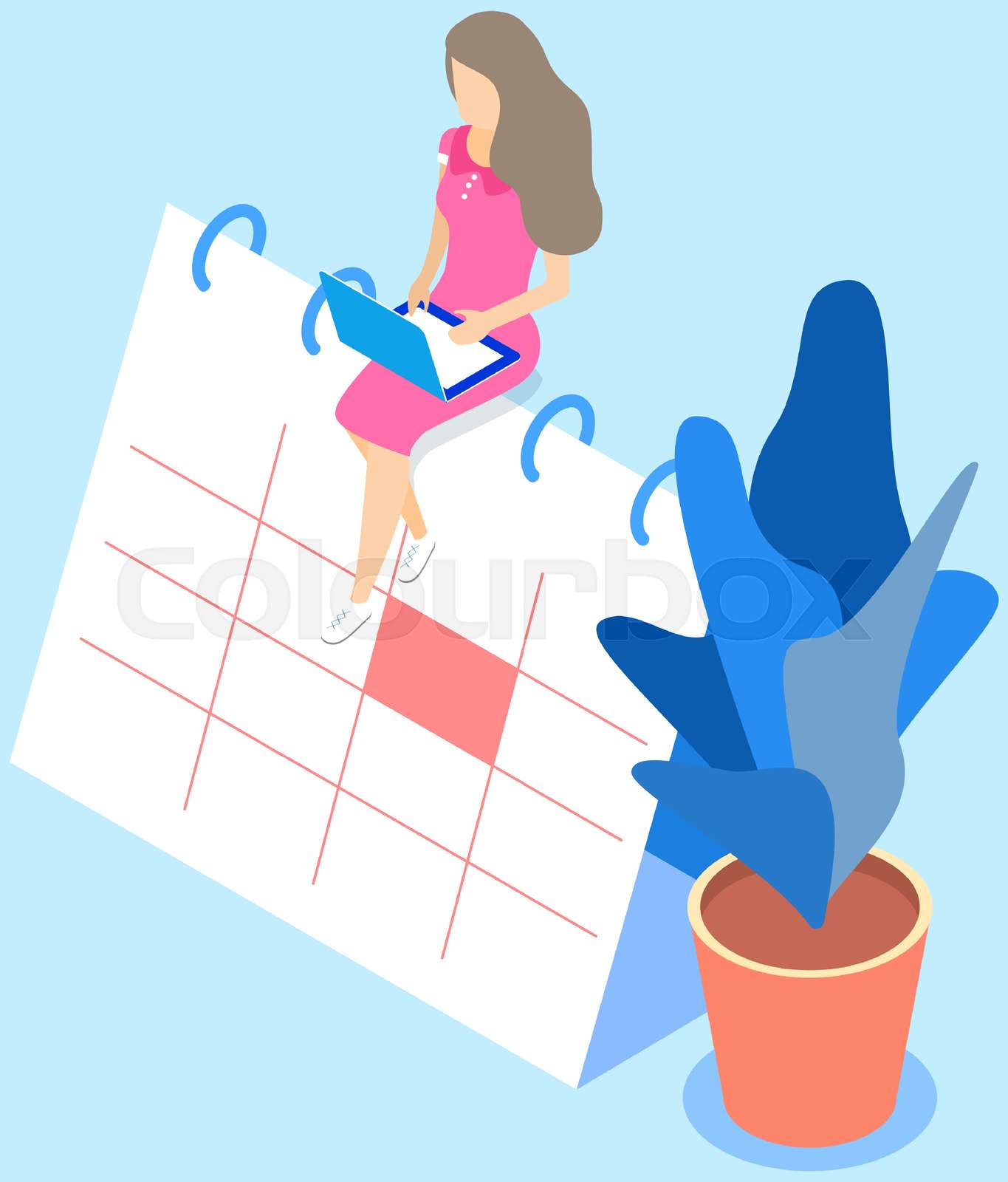 Woman sitting on calendar is working on planning schedule. Female ...