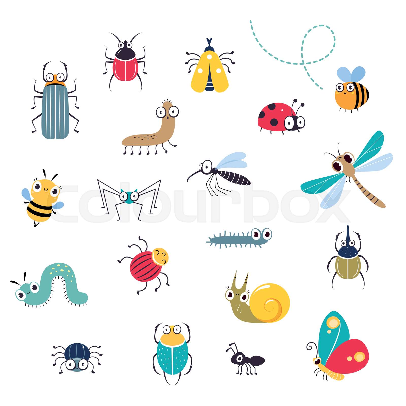 Cute Funny Insects Set, Beetle, Mosquito, Dragonfly, Butterfly, Bee ...