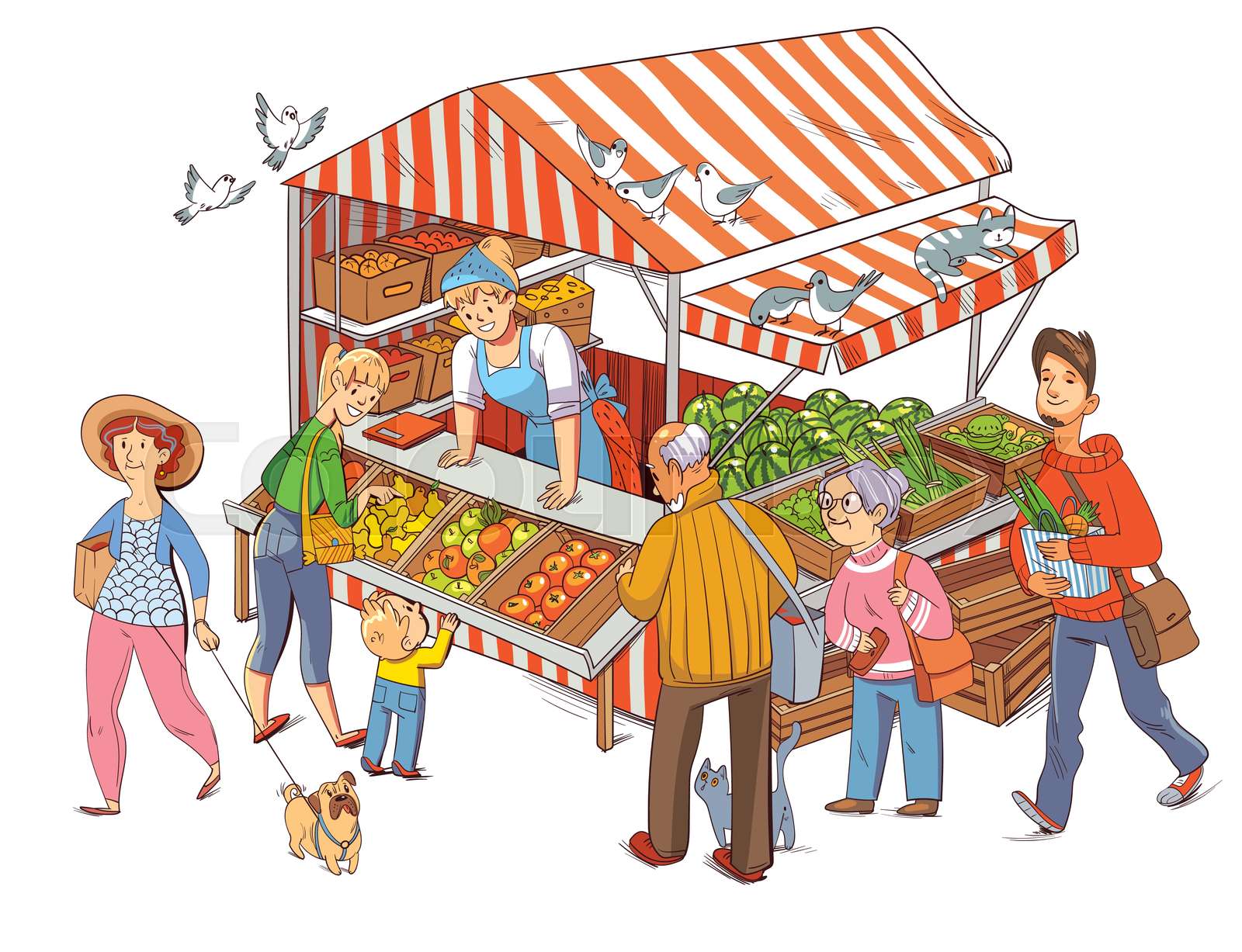 People buying vegetables and fruits at street market. Funny cartoon ...