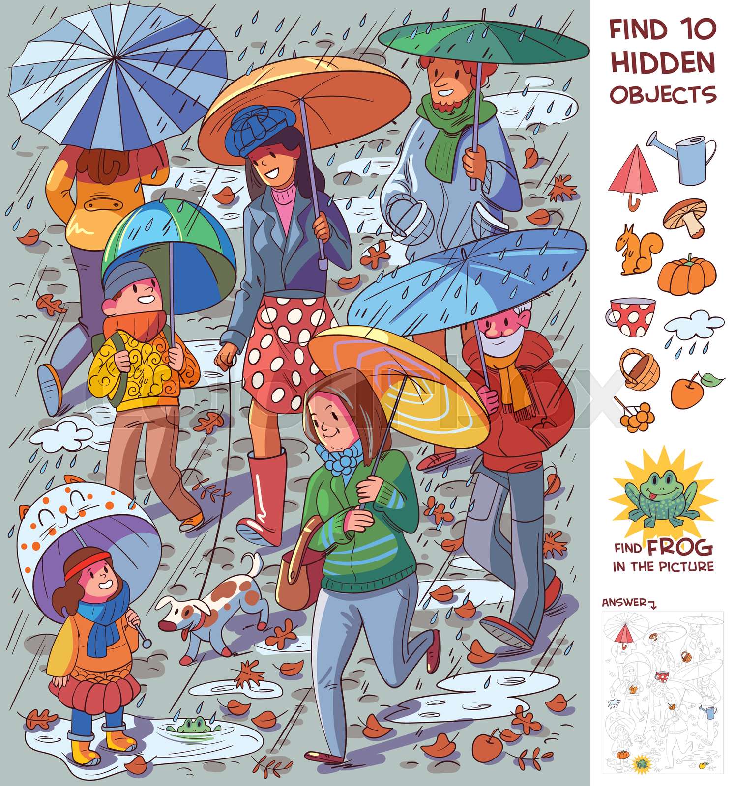 People with umbrellas in the rain. Find 10 hidden objects | Stock ...